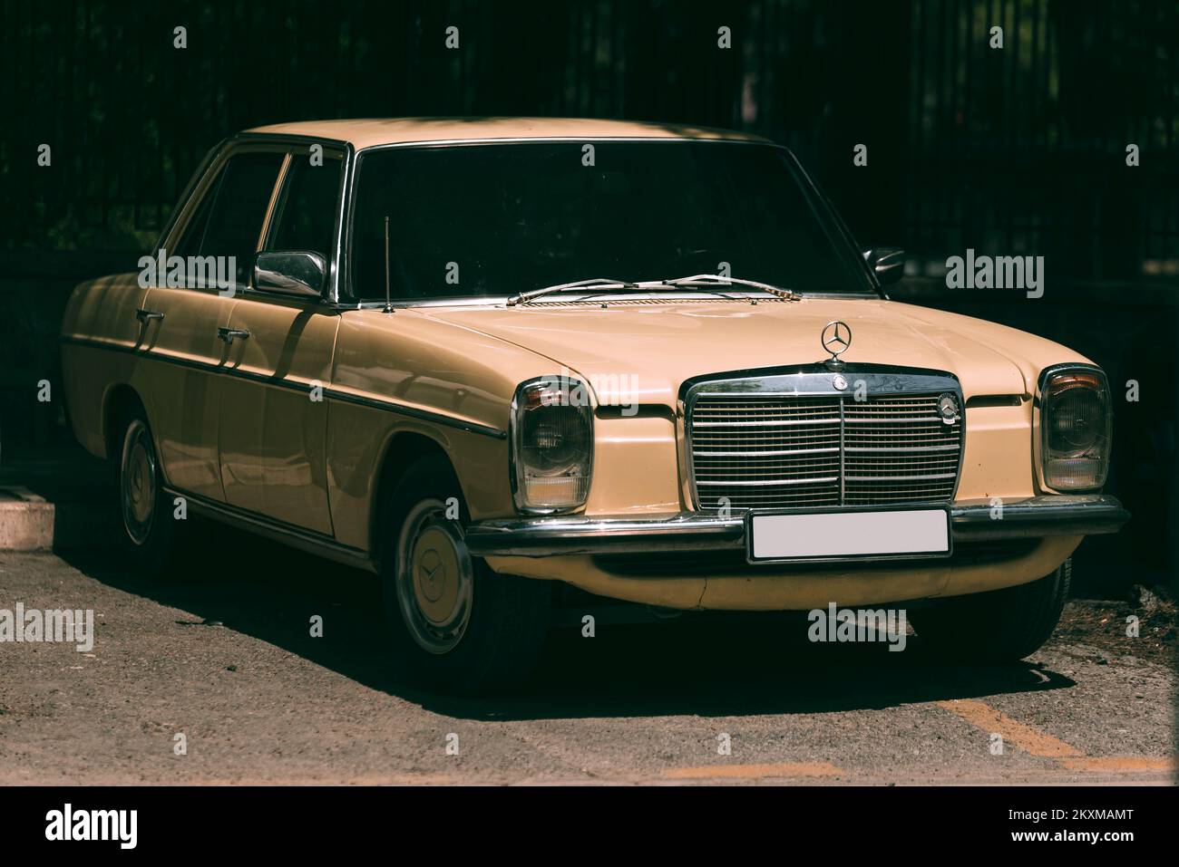 Izmir, Turkey - April 23, 2022: Front view of a Mercedes brand w114 ...