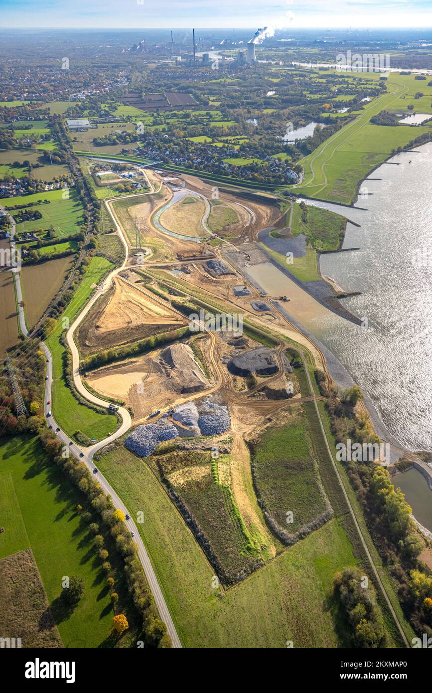 Aerial view, Emscher estuary renaturation, floodplain landscape at the ...
