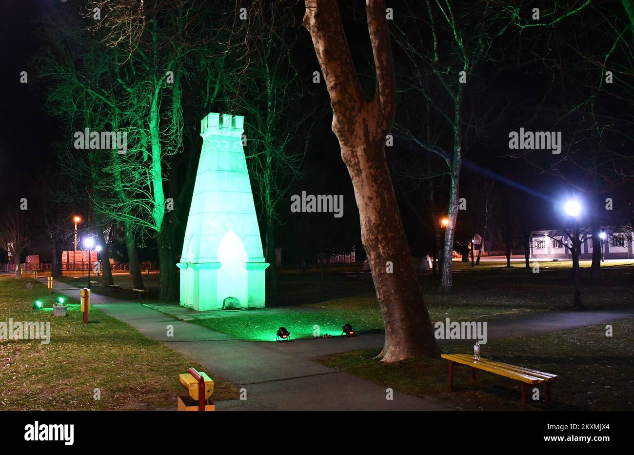Photo taken on March 17, 2021 shows old Turkish fountain illuminated ...