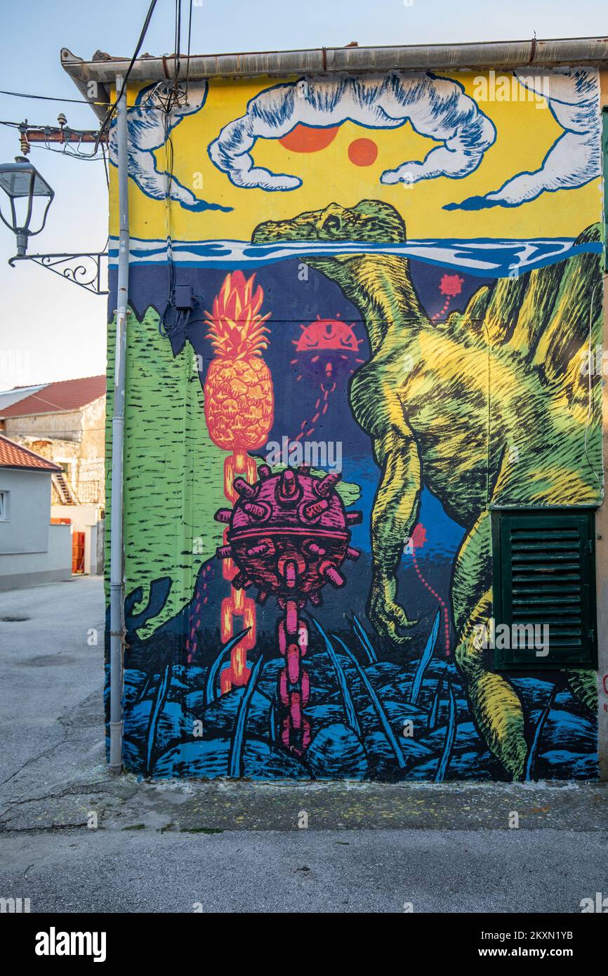 A graffiti is seen on a wall as part of "Zen Opuzen" art festival in ...