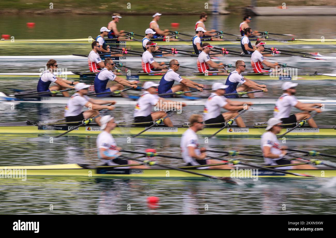 Men's Quadruple Sculls Final A race is pictured with long exposure ...