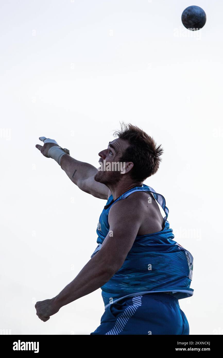 SPLIT, CROATIA - MAY 08: Zane Weir of Italy competes in shot put during ...