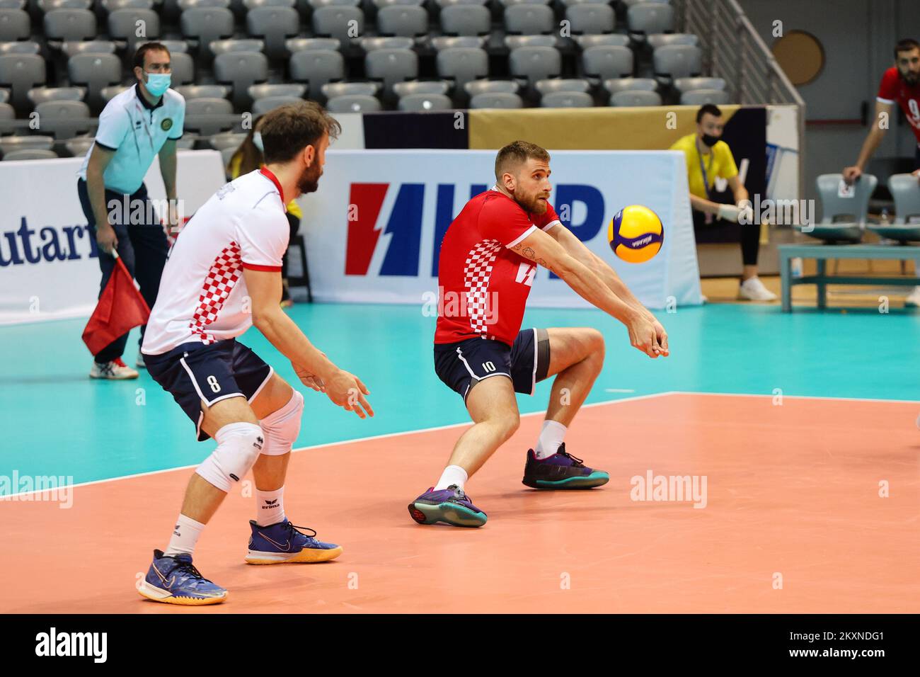 ZADAR, CROATIA - MAY 09: Filip Sestan of Croatia receives the ball ...