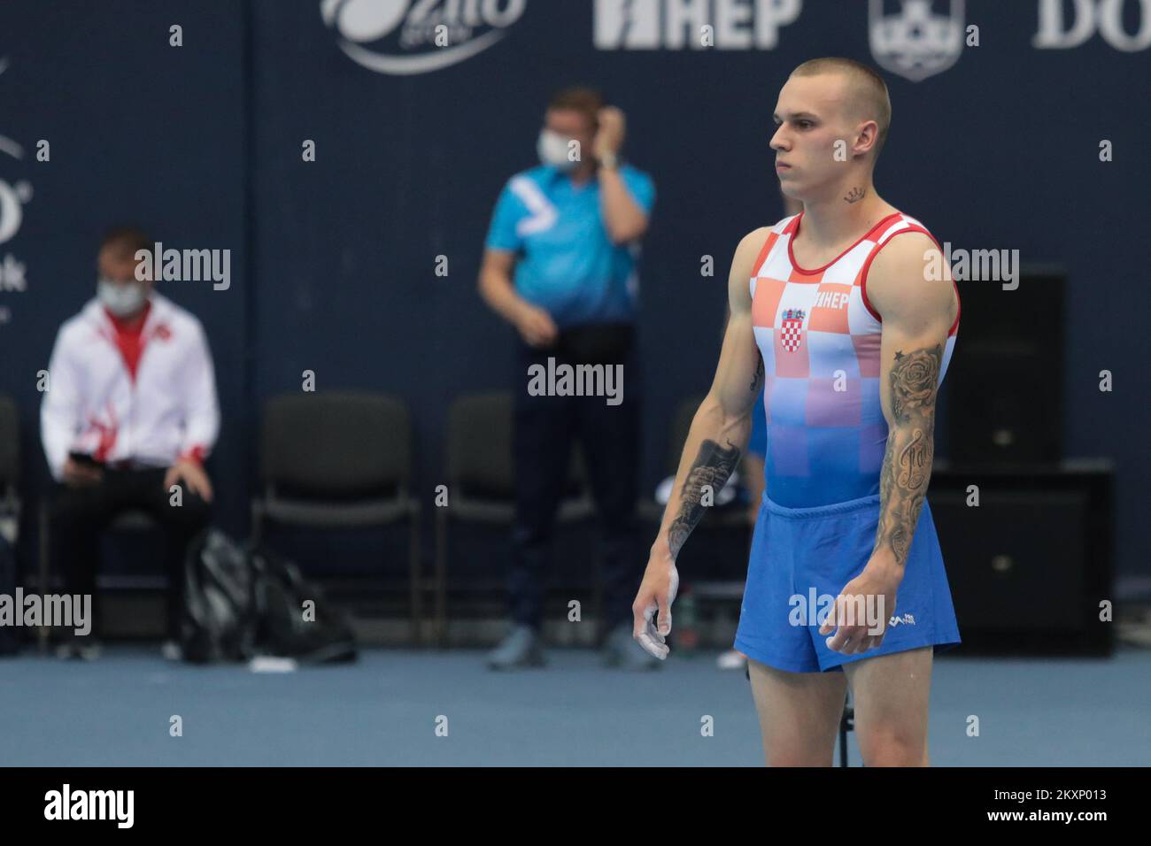 Gymnast Aurel Benovic of Croatia performs a floor exercise routine ...
