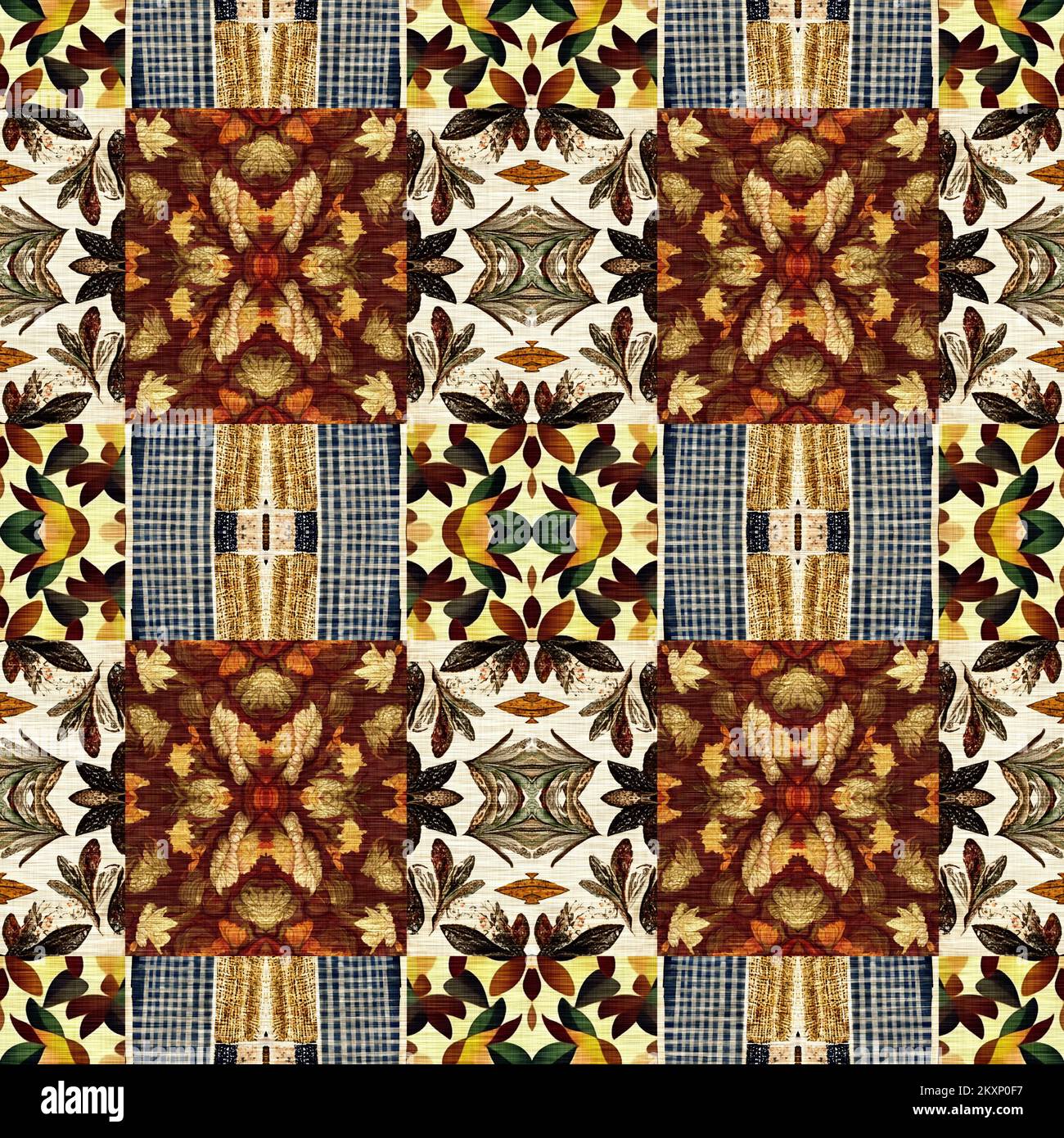 Autumn leaf quilt style vintage seamless pattern. Homely cottage core ...