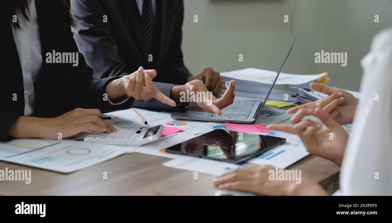 Business team collaboration discussing working analyzing with financial data and marketing ...