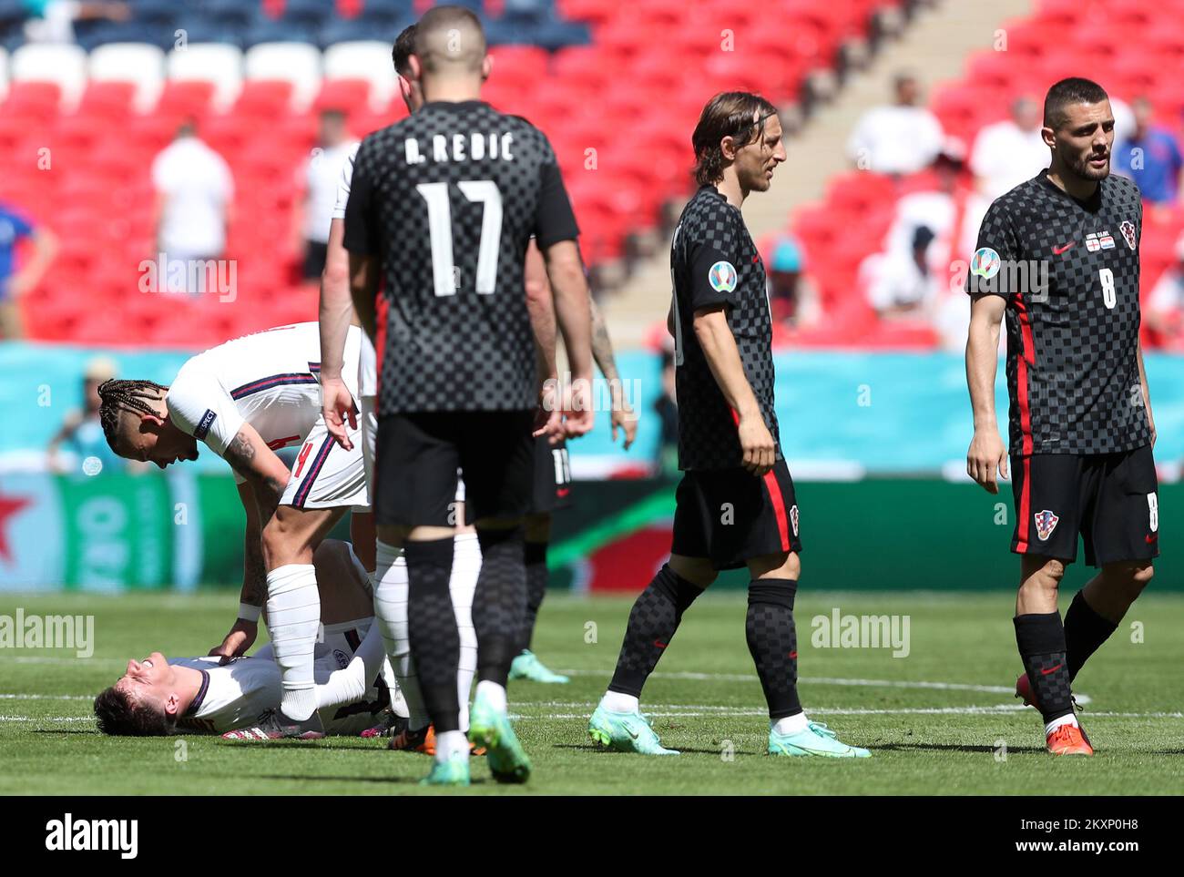 Mason Mount of England reacts as he lies injured during the UEFA Euro ...
