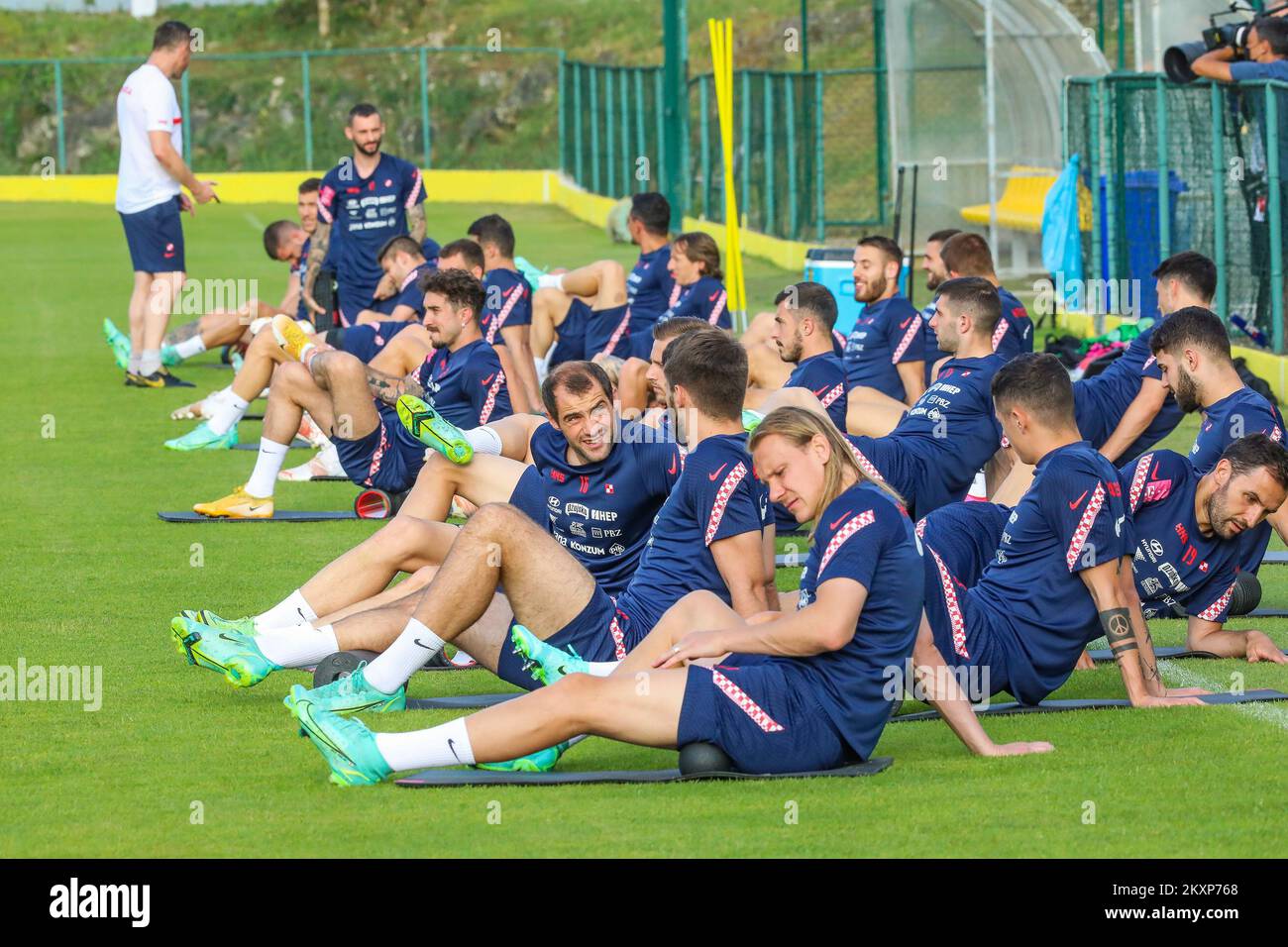 Domagoj Vida, Bruno Petkovic and Mile Skoric of Croatia during training ...