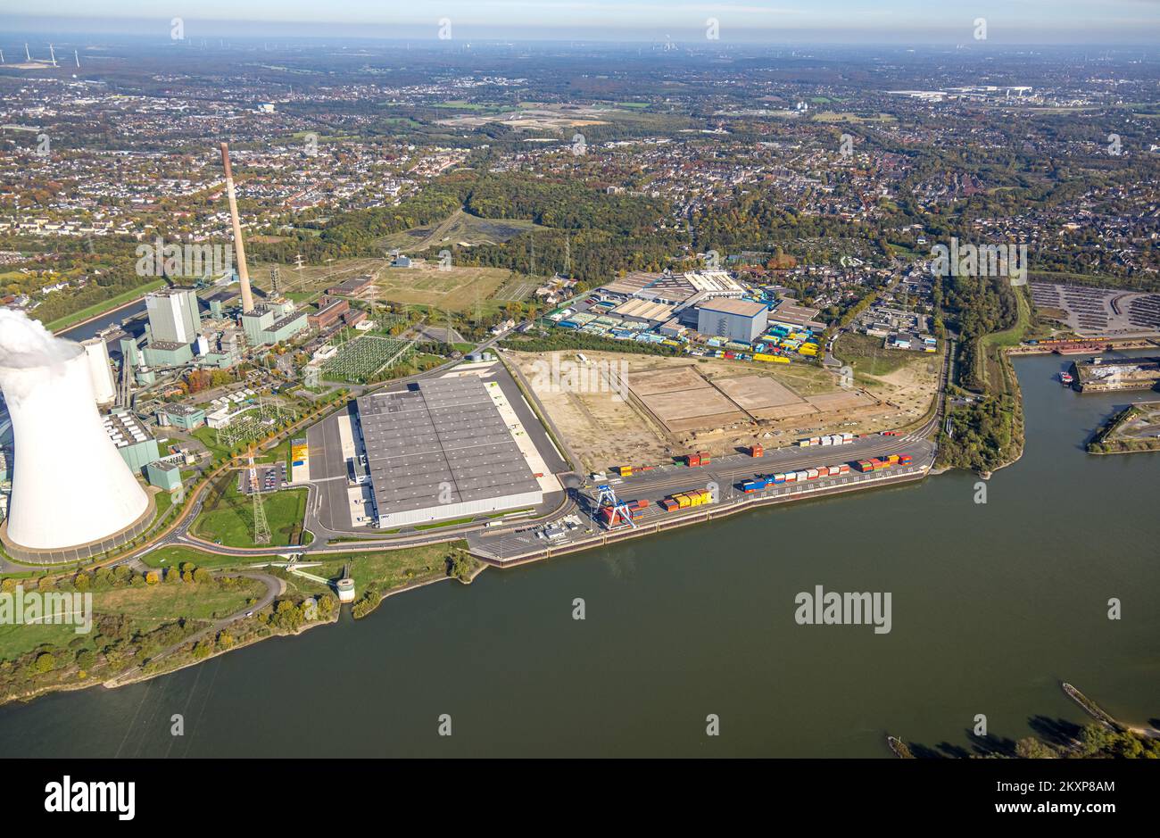 Aerial view, steaming STEAG power plant Walsum and logport VI at the ...