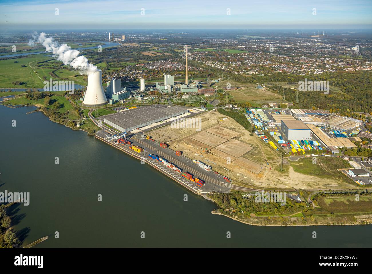 Aerial view, steaming STEAG power plant Walsum and logport VI at the ...