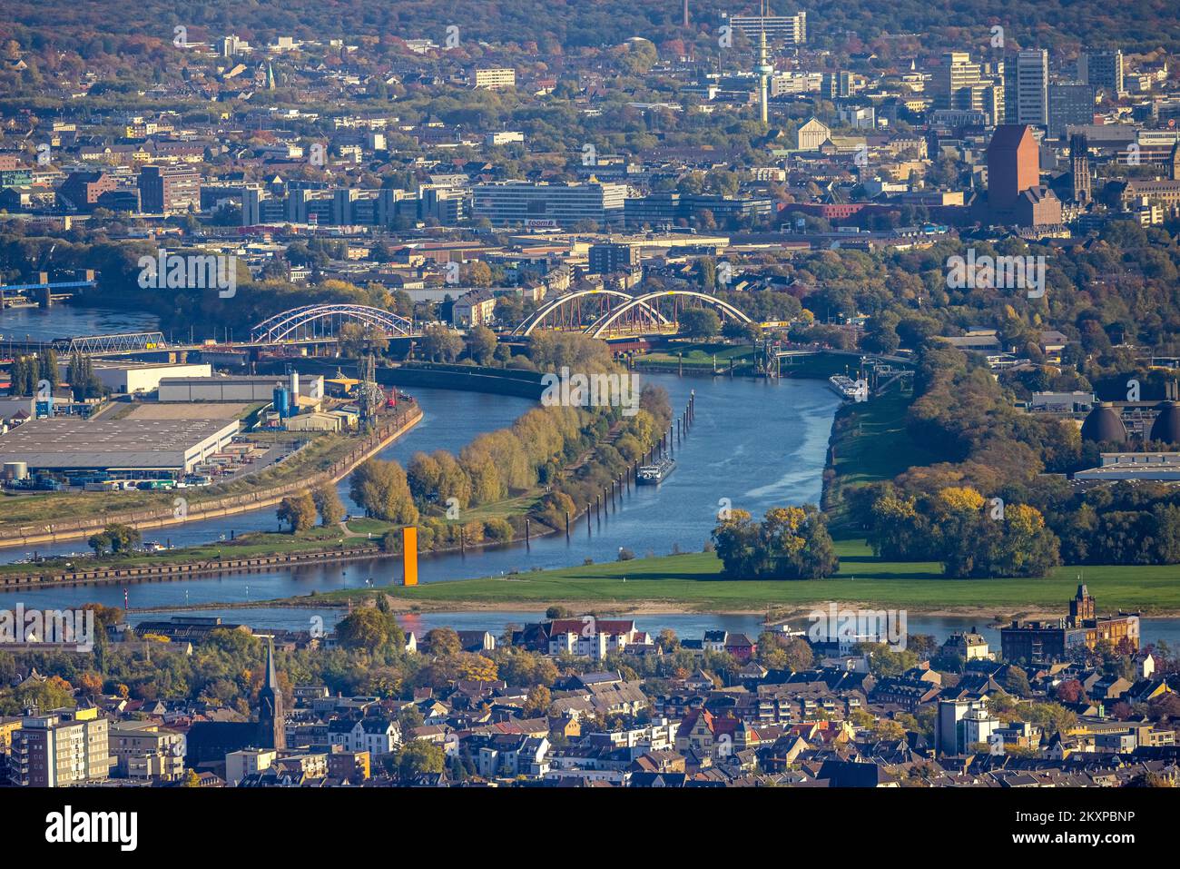 Aerial view, river Ruhr mouth into river Rhine, sculpture Rhine orange ...