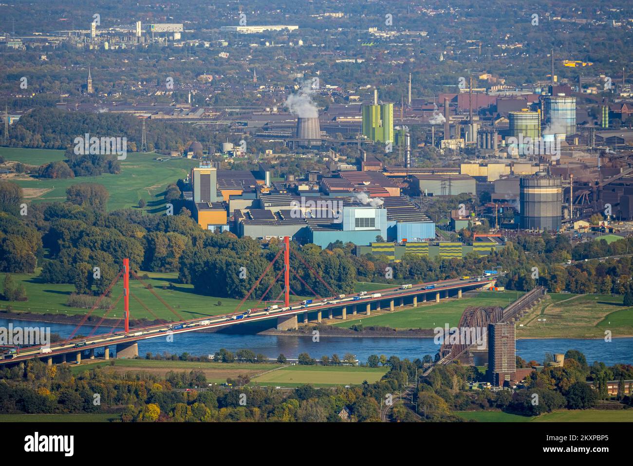 Aerial view, freeway bridge A42 over the river Rhine, Haus-Knipp ...
