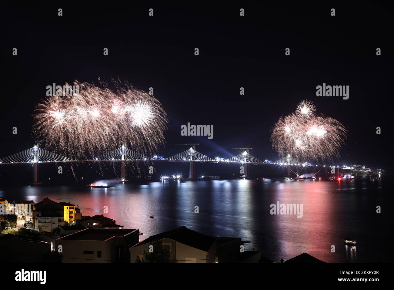Fireworks above Peljesac Bridge on 29. July, 2021 in Komarna, Croatia ...