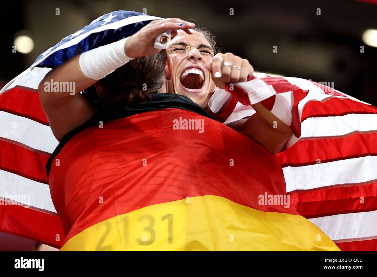 TOKYO, JAPAN - AUGUST 02: Gold discus thrower, Valerie Allman of Team ...