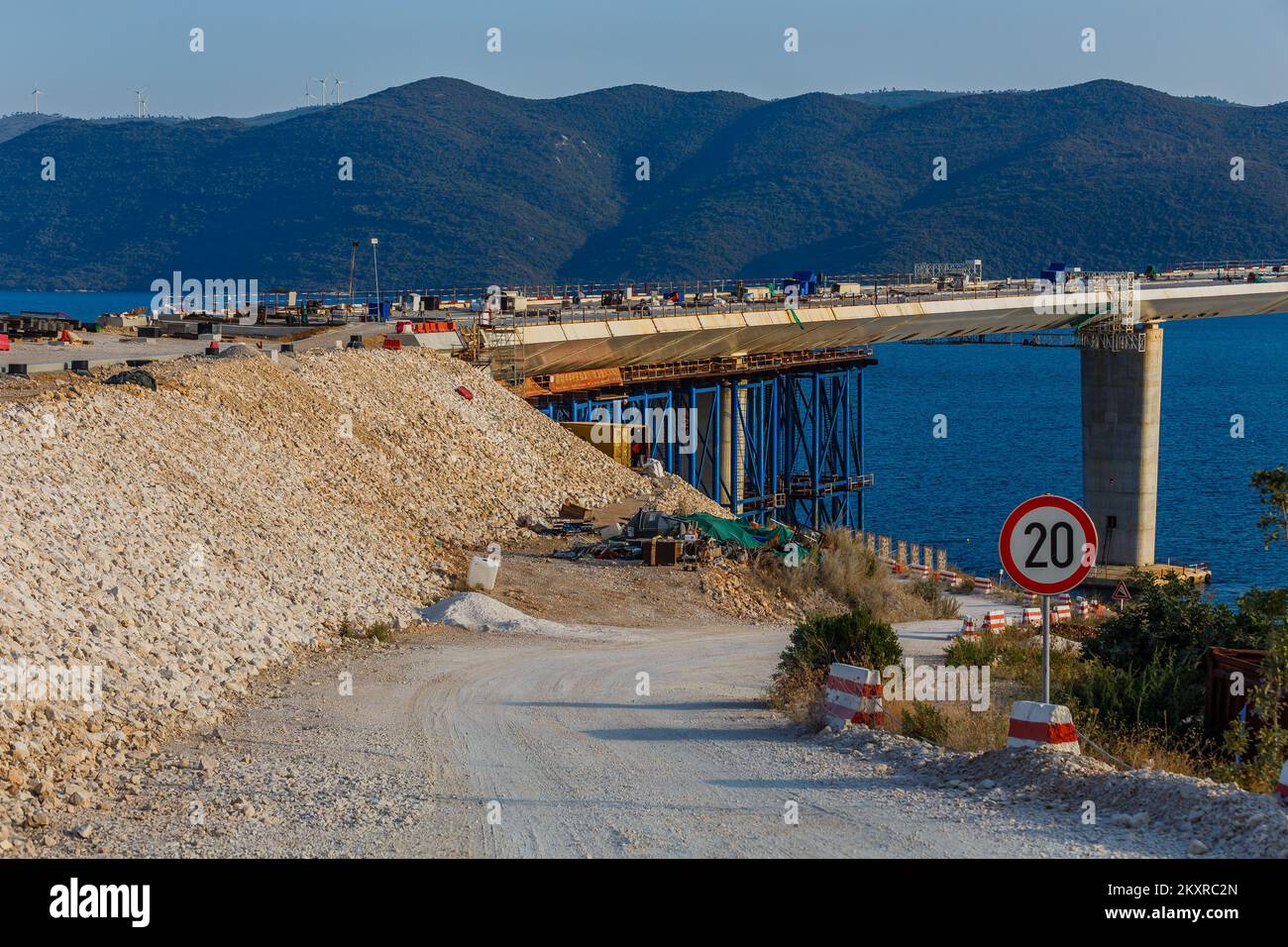 Photo taken on August 16, 2021 shows Peljesac Bridge construction site ...