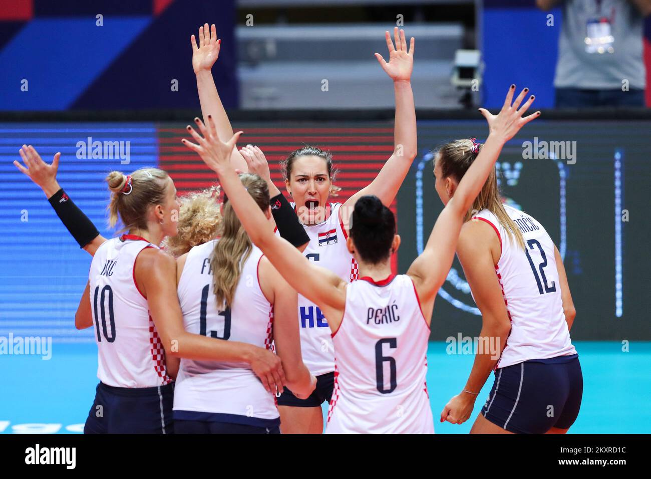 ZADAR, CROATIA - AUGUST 19: Croatian volleyball players celebrate a ...