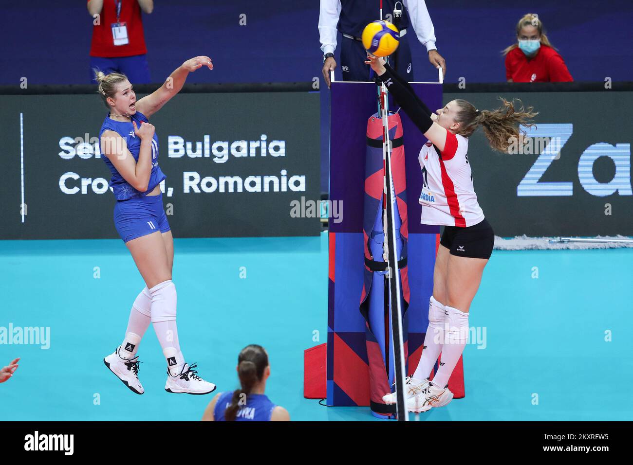 ZADAR, CROATIA - AUGUST 23: Maja Storck of Switzerland block a spike ...