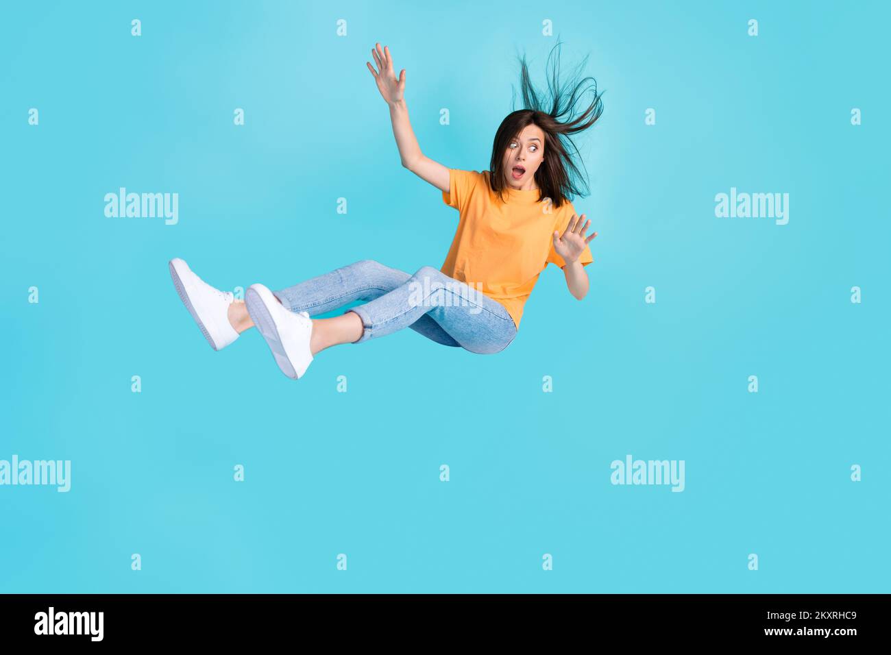 Full length photo of anxious embarrassed girl person look empty space ...