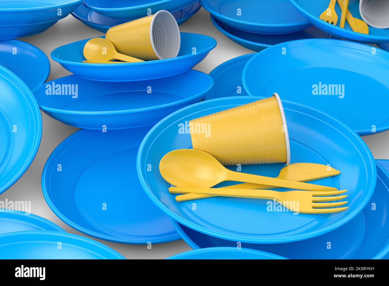 Heap of disposable utensils like plate, folk, spoon,knife and cup on ...