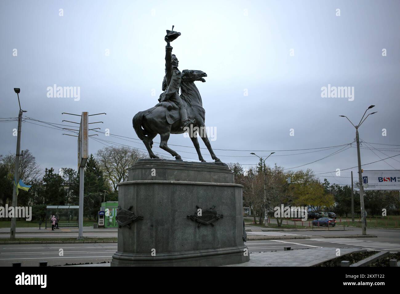 The monument to A.V. Suvorov is seen at the entrance to the settlement ...