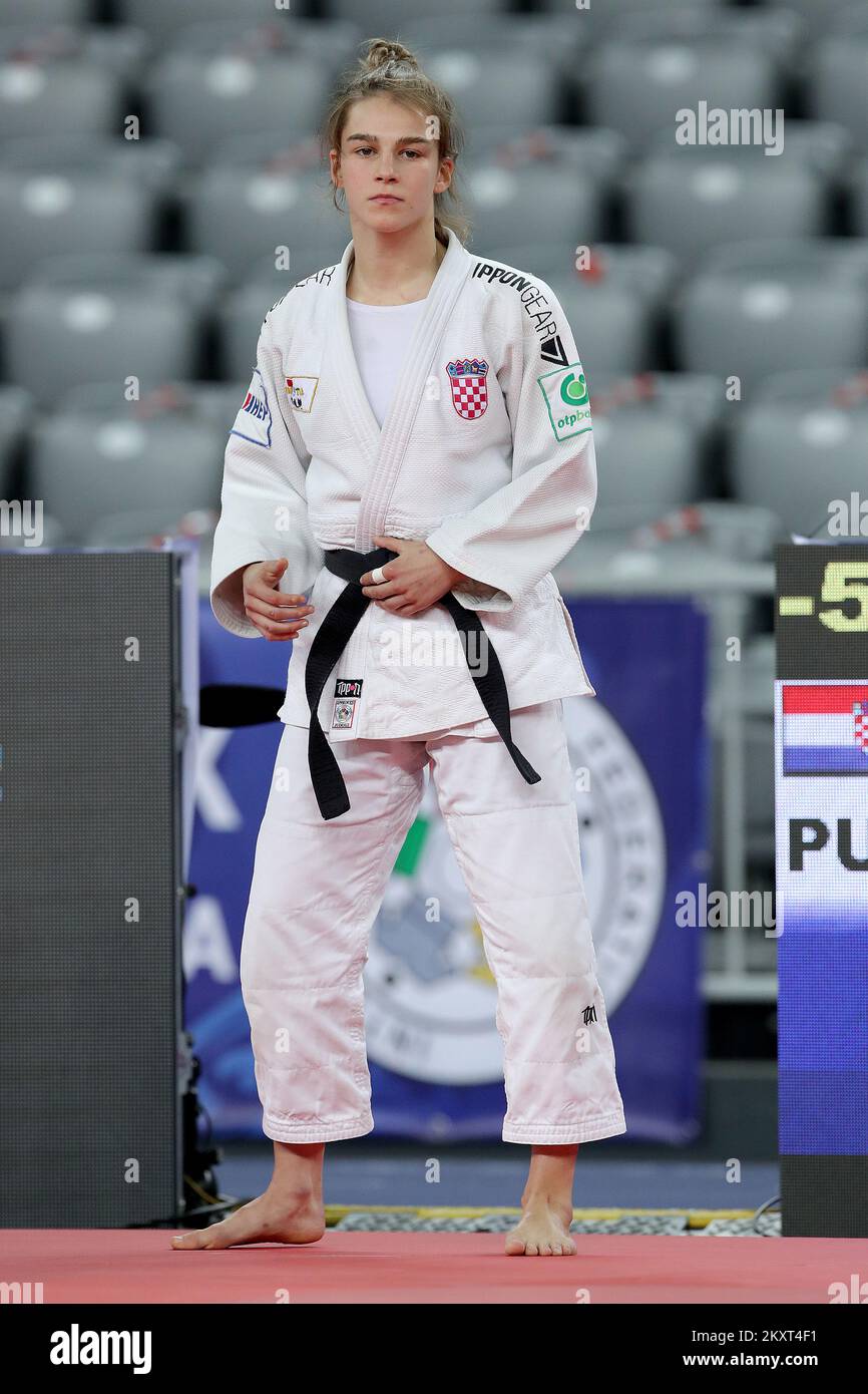 Ana Viktorija Puljiz reacts in the Women's -52kg bronze medal match ...