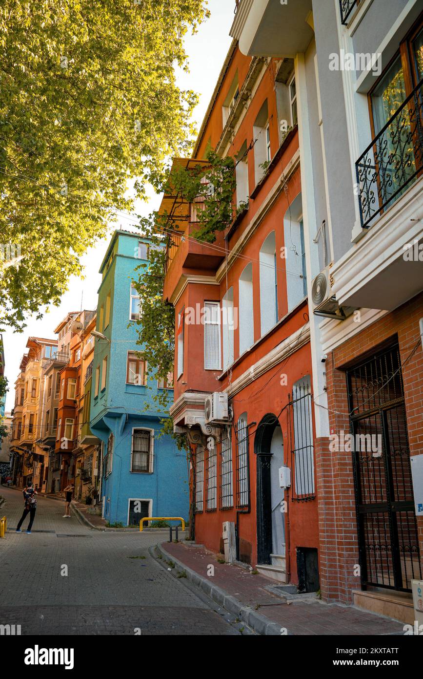 Balat district street view in Istanbul. Balat is popular tourist ...