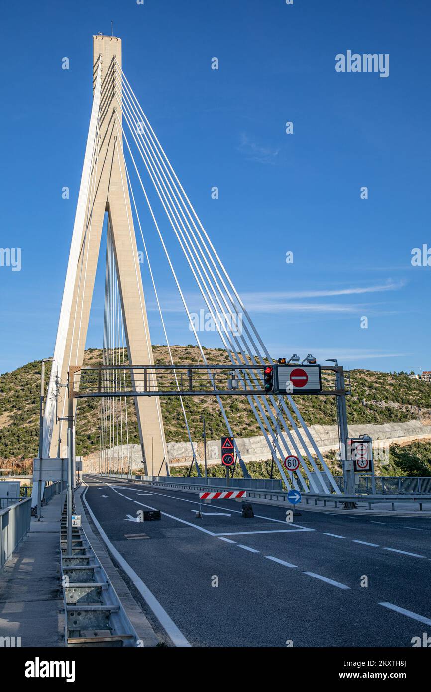 Do not enter traffic sign is pictured at closed Franjo Tudjman Brigde ...