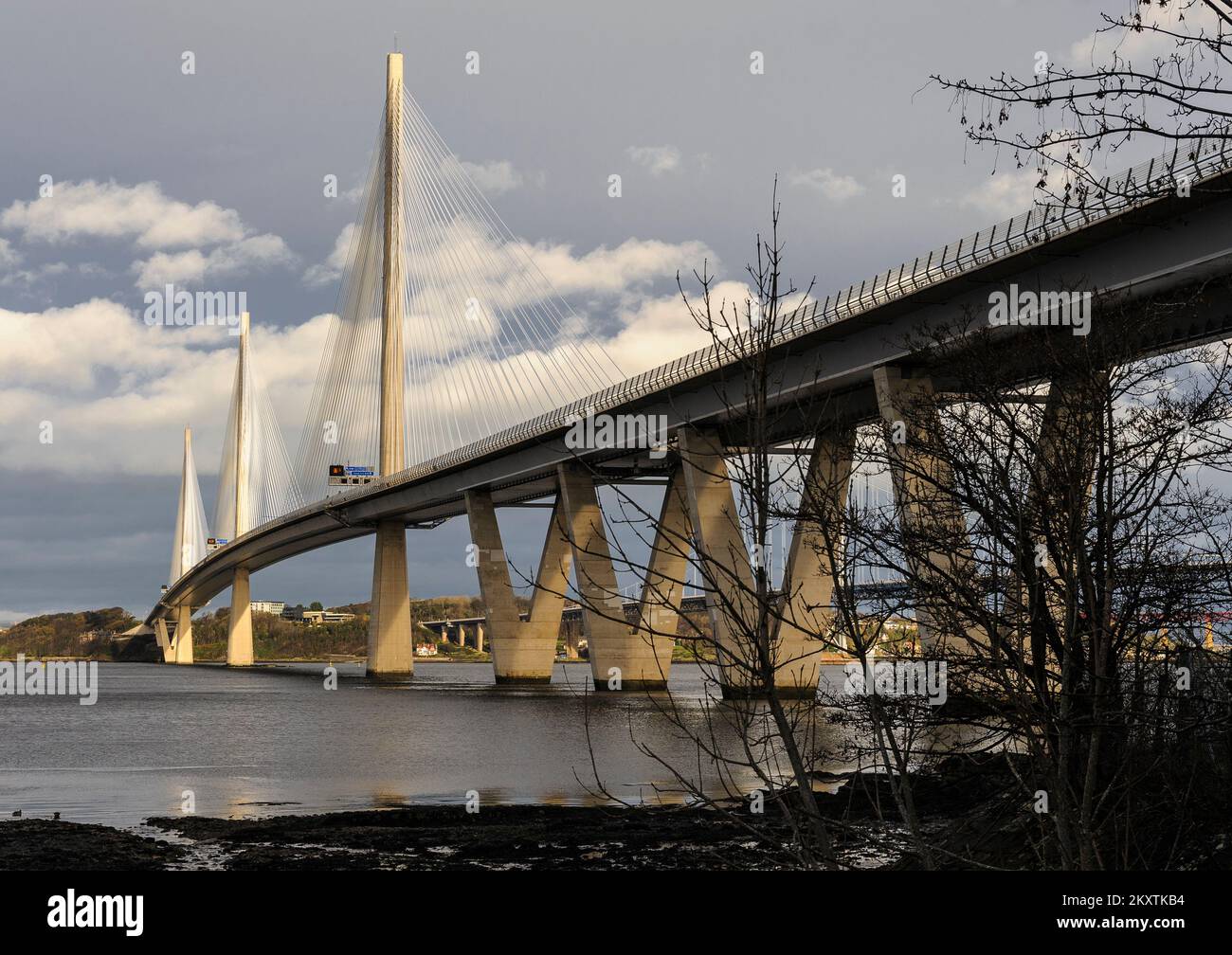 Oblique view along upstream side of Queensferry Crossing bridge across ...