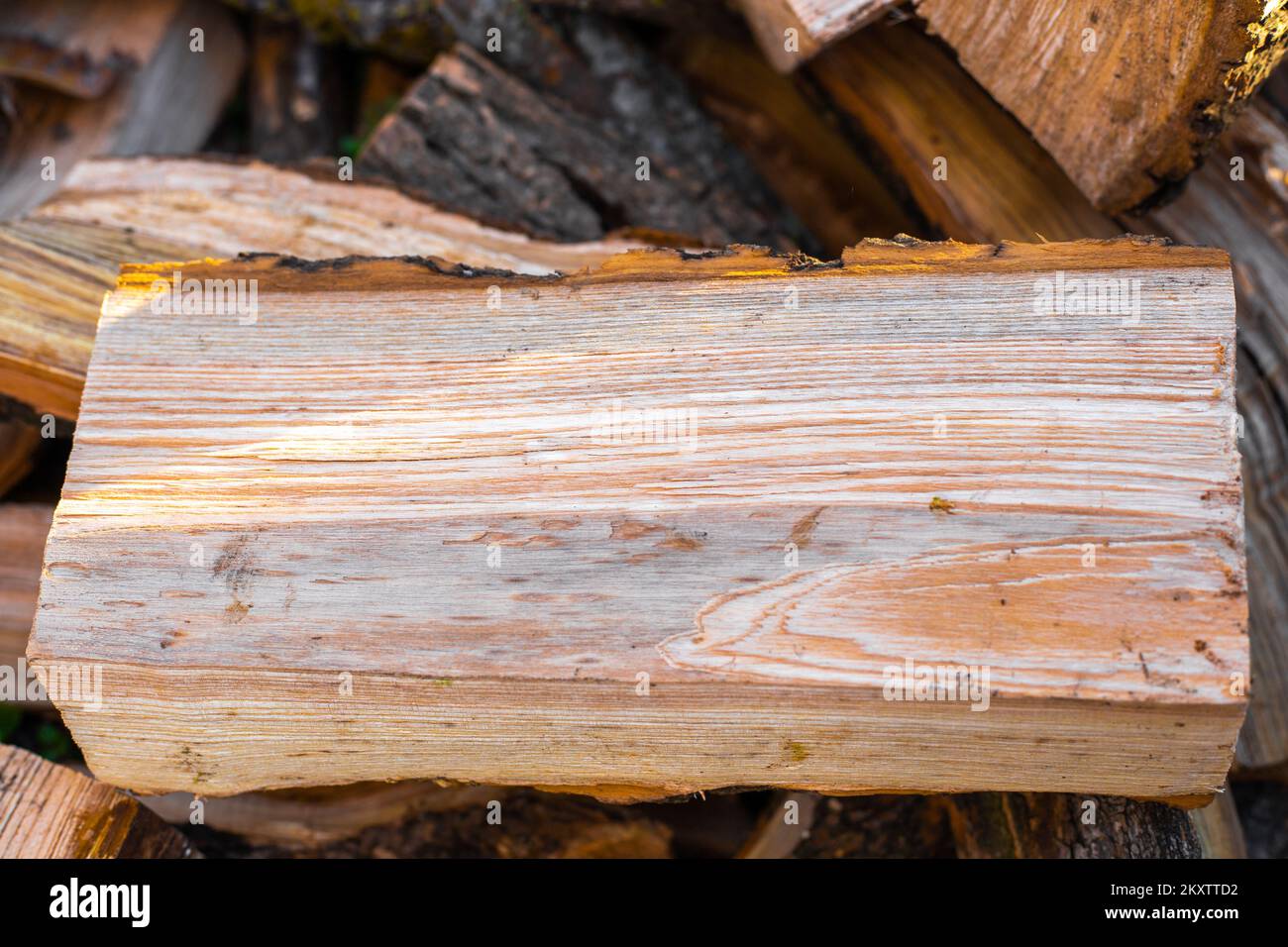 Wooden log split in half. Background for text. Preparation of firewood ...