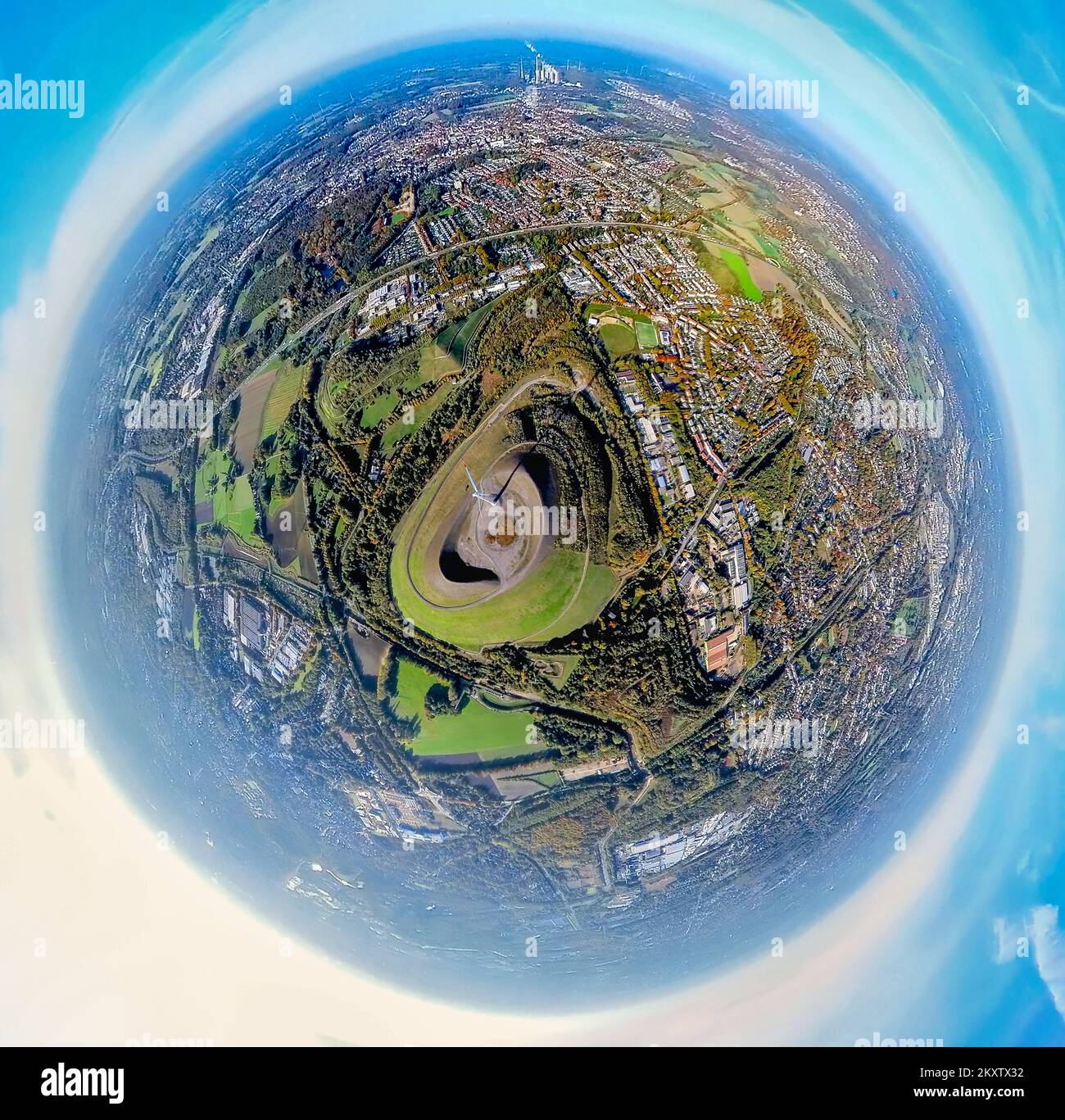 Aerial view, Mottbruchhalde with wind turbine, fisheye photograph, 360 ...
