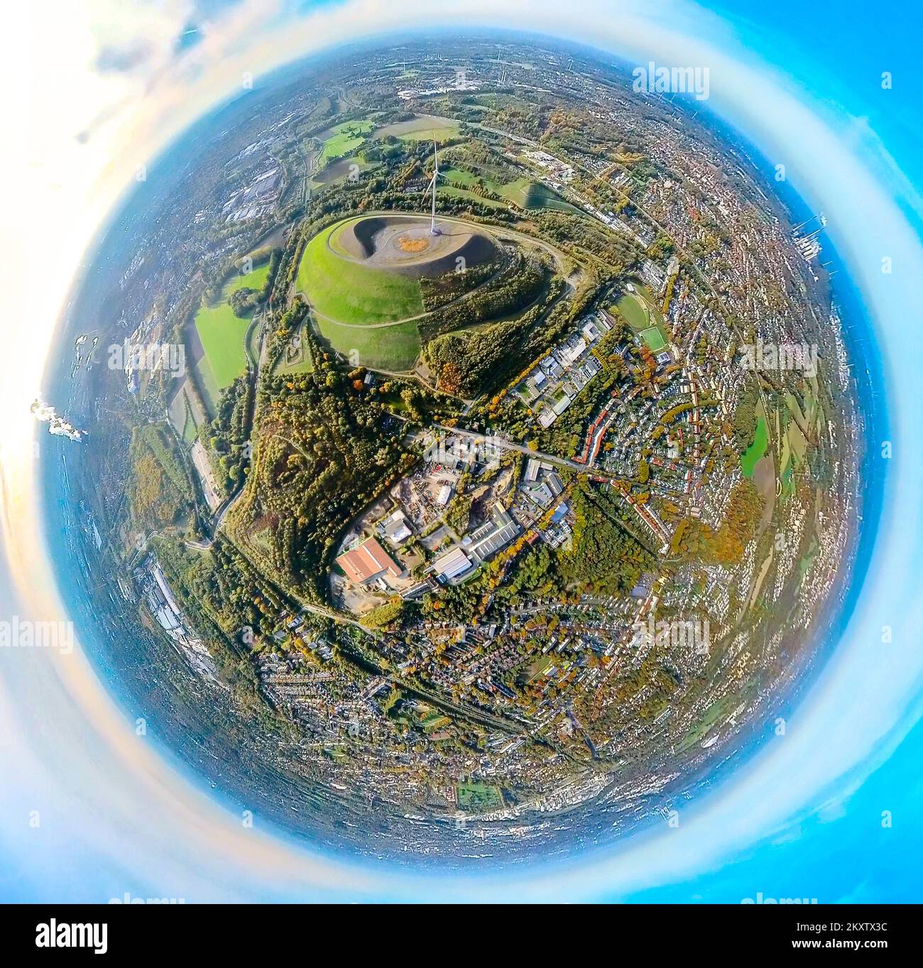 Aerial view, Mottbruchhalde with wind turbine, fisheye shot, 360 degree ...