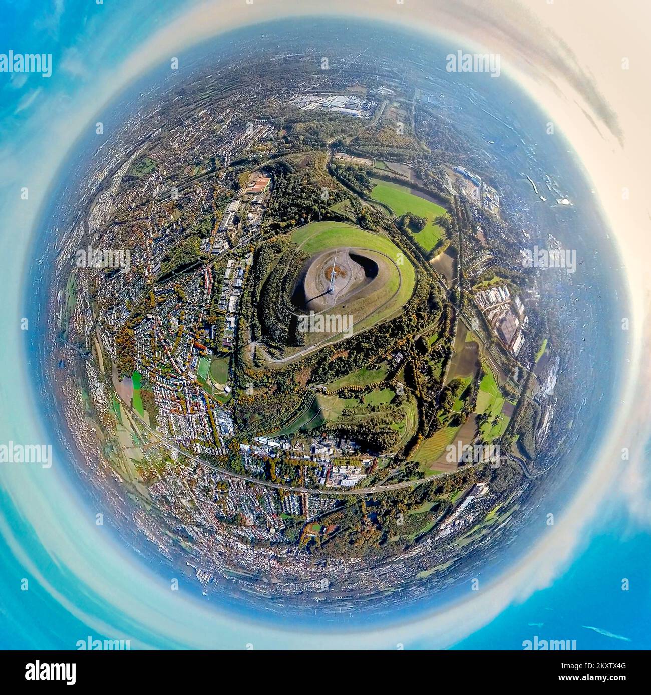 Aerial view, Mottbruchhalde with wind turbine, fisheye photograph, 360 ...