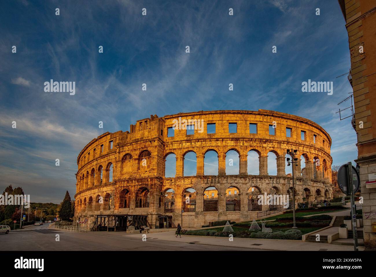 Photo taken on November 15, 2021. shows sunset above Pula Arena , in ...