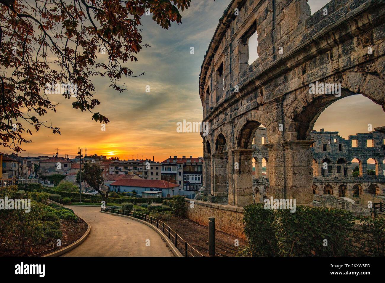 Photo taken on November 15, 2021. shows sunset above Pula Arena , in ...