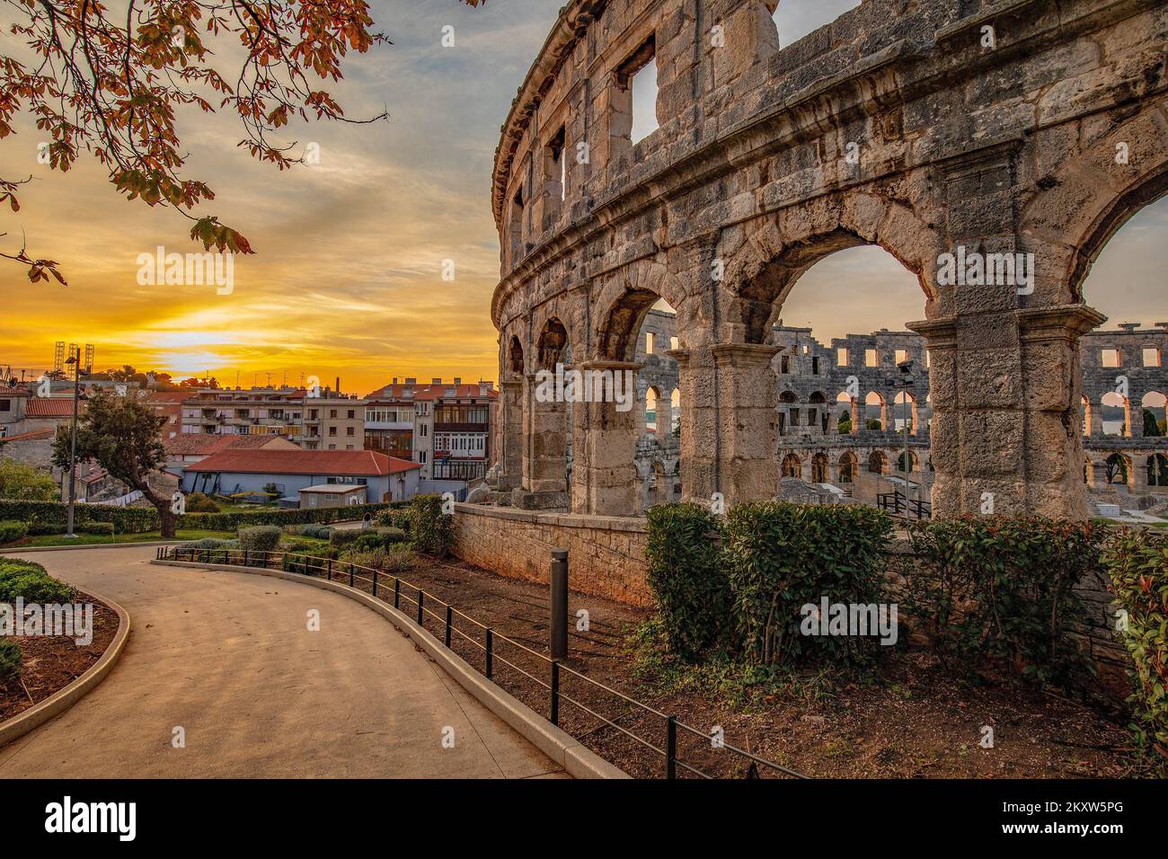 Photo taken on November 15, 2021. shows sunset above Pula Arena , in ...