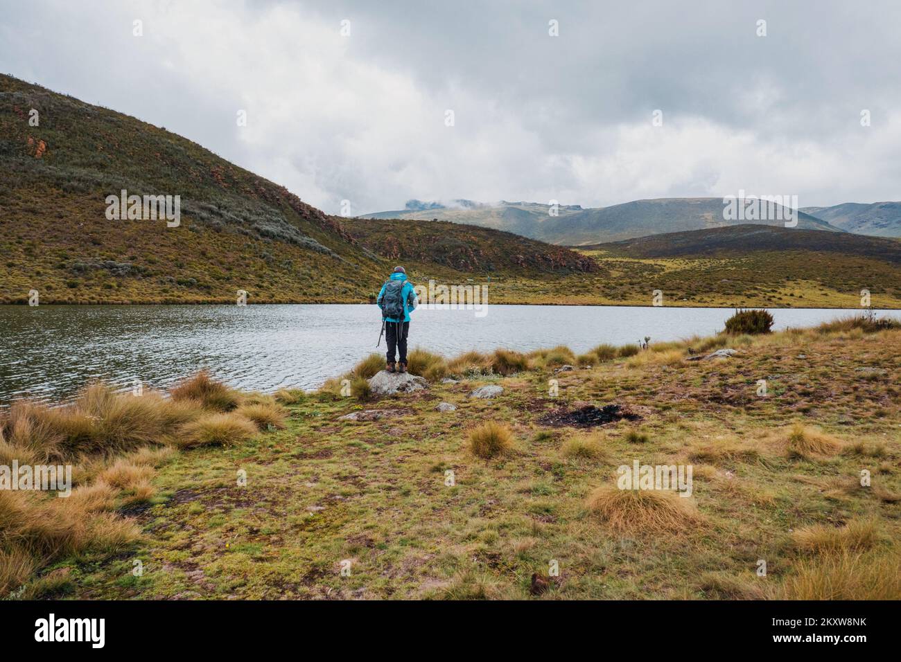 Rear view of a hiker at Lake Ellis, Chogoria Route, Mount Kenya ...