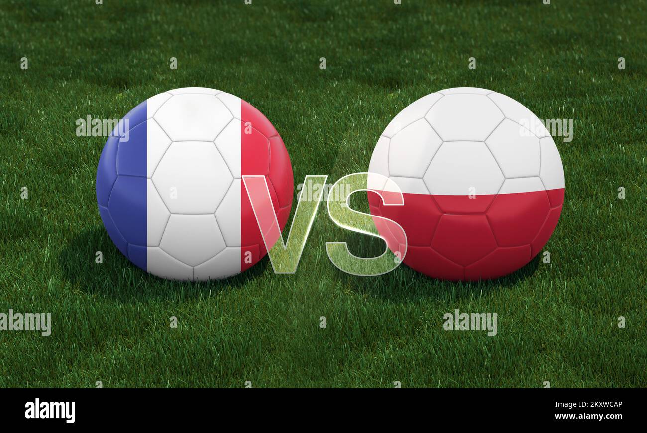 Football with France vs. Poland 3D ball soccer flags on green football ...