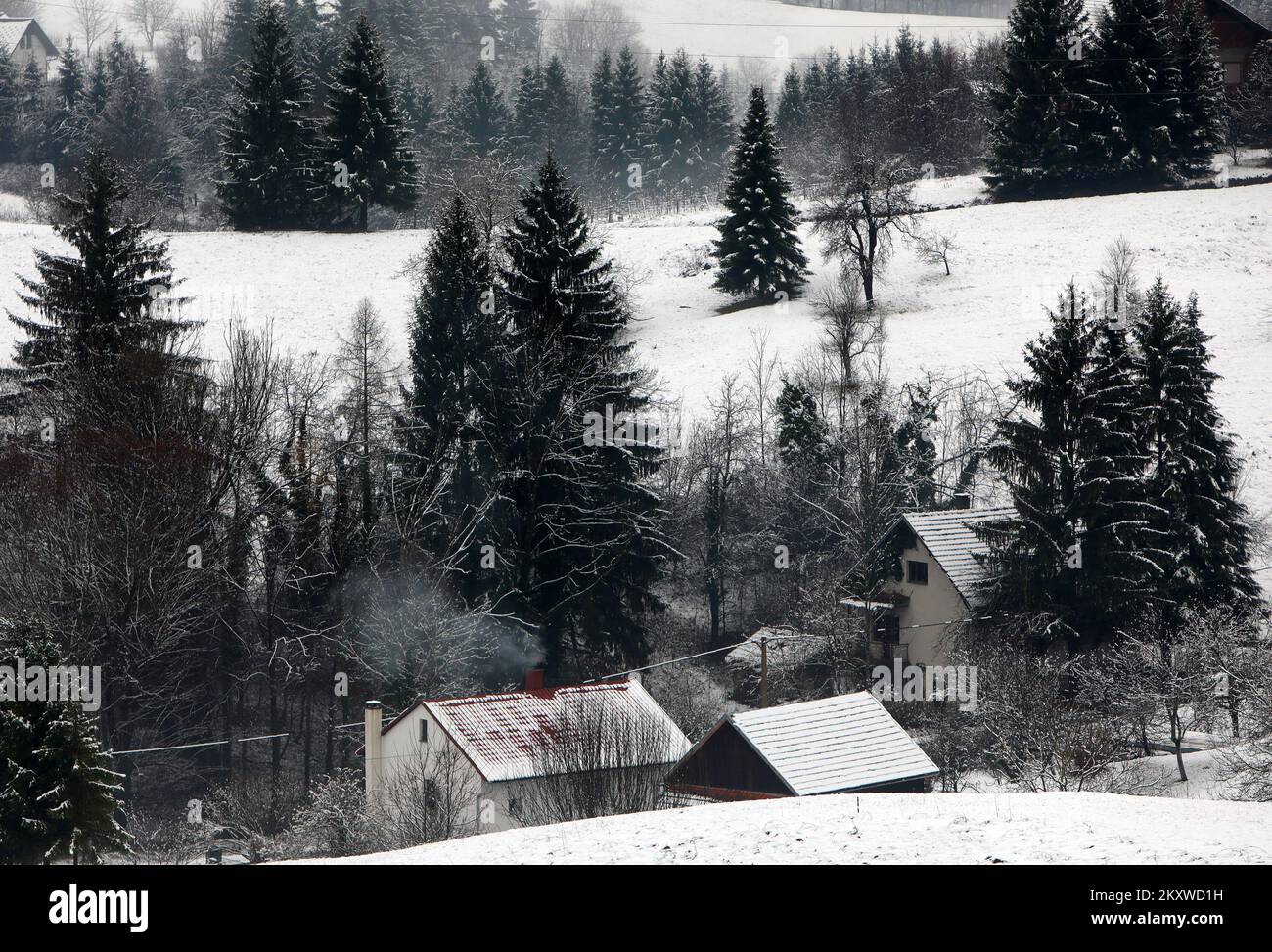 Town of Vrbovsko in Croatia covered with fresh snow on 03. December ...