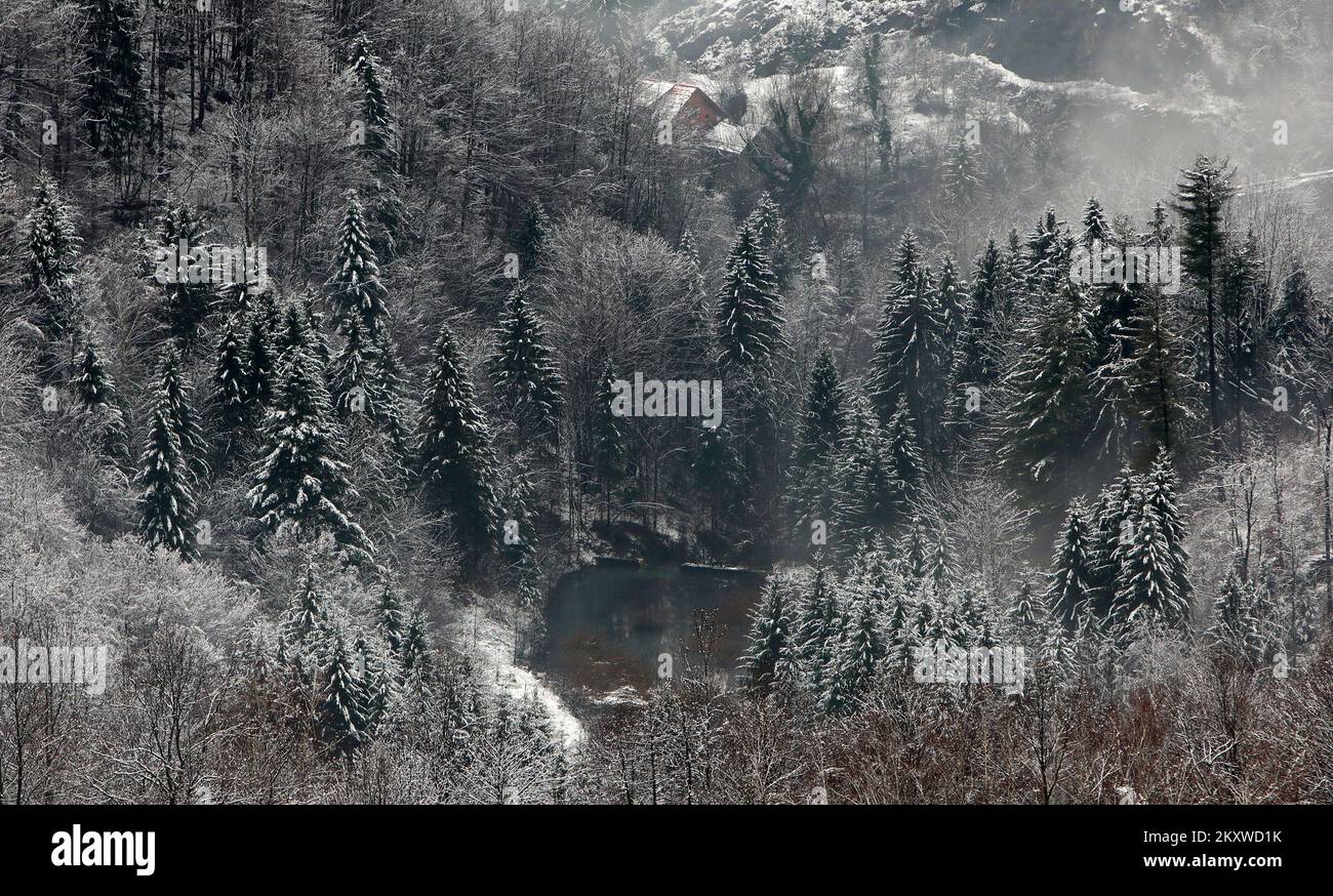 Town of Vrbovsko in Croatia covered with fresh snow on 03. December ...