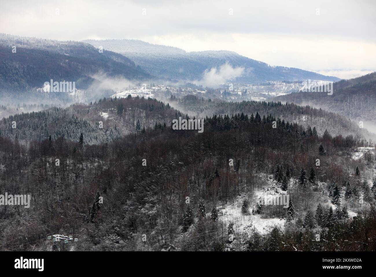 Town of Vrbovsko in Croatia covered with fresh snow on 03. December ...