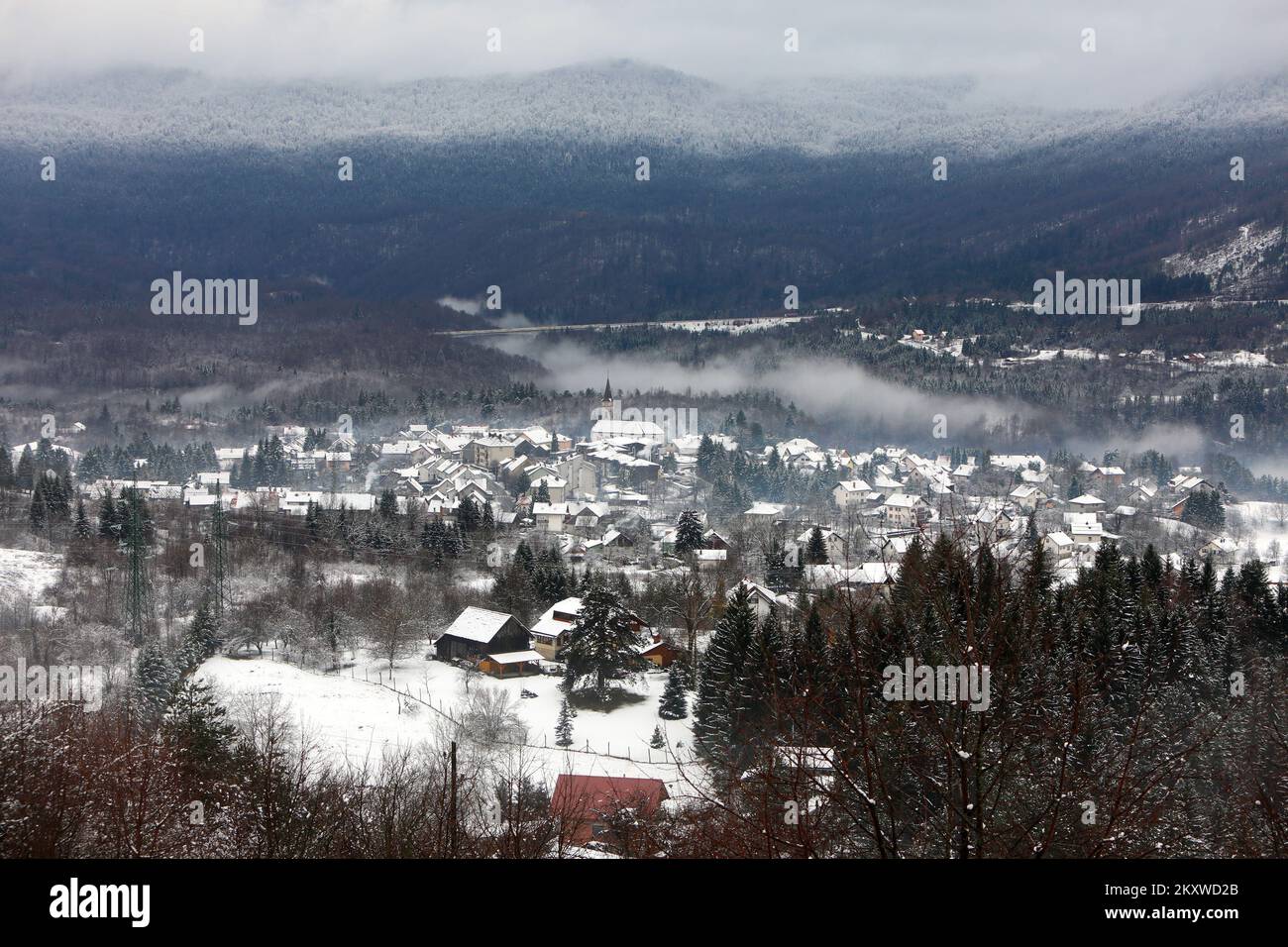 Town of Vrbovsko in Croatia covered with fresh snow on 03. December ...