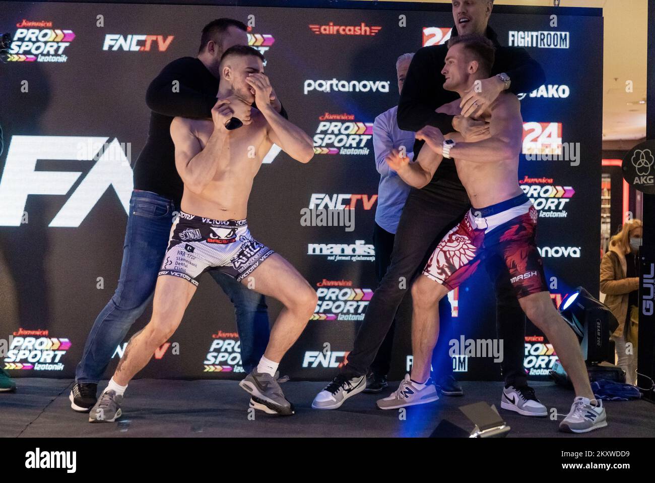 Marko Bojkovic of Serbia and Dawid Galecki of Poland face off during the FNC 4 weigh-ins on ...