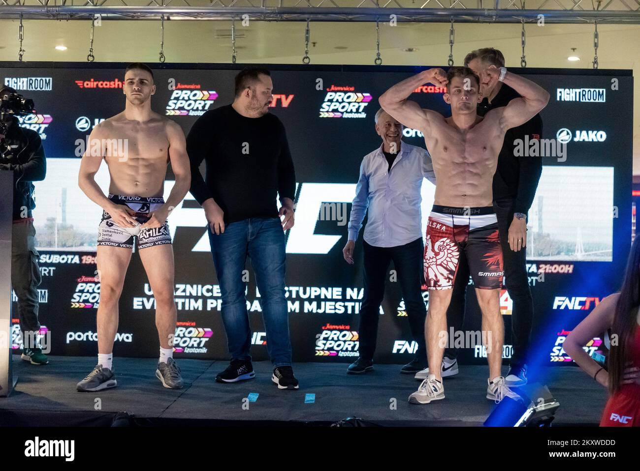 Marko Bojkovic of Serbia and Dawid Galecki of Poland face off during the FNC 4 weigh-ins on ...