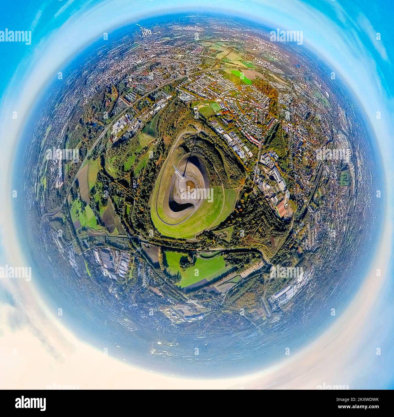 Aerial view, Mottbruchhalde with wind turbine, fisheye shot, 360 degree ...