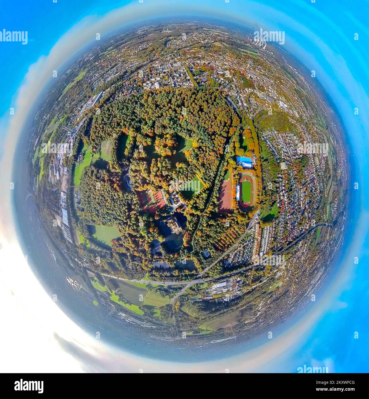 Aerial view, moated castle Wittringen, autumn colors, fisheye shot, 360 ...