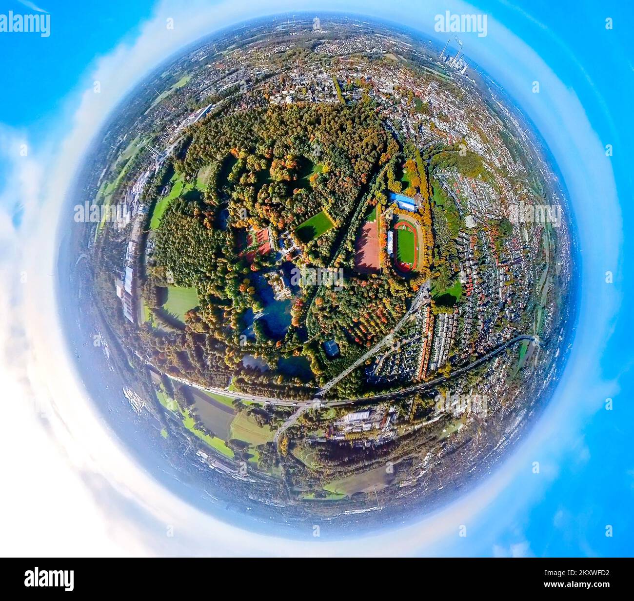 Aerial view, moated castle Wittringen, autumn colors, fisheye shot, 360 ...
