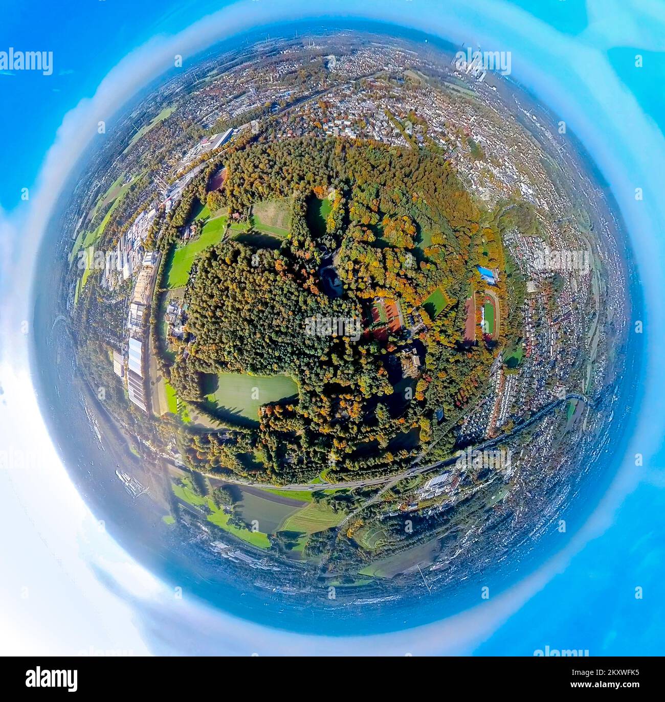 Aerial view, moated castle Wittringen, autumn colors, fisheye shot, 360 ...