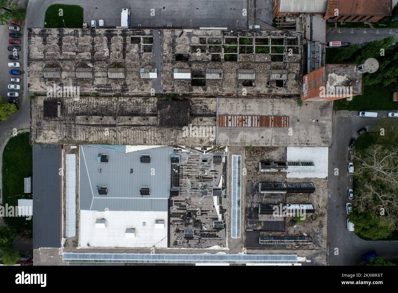 Aerial view of an abandoned city slaughterhouse and cattle market in ...