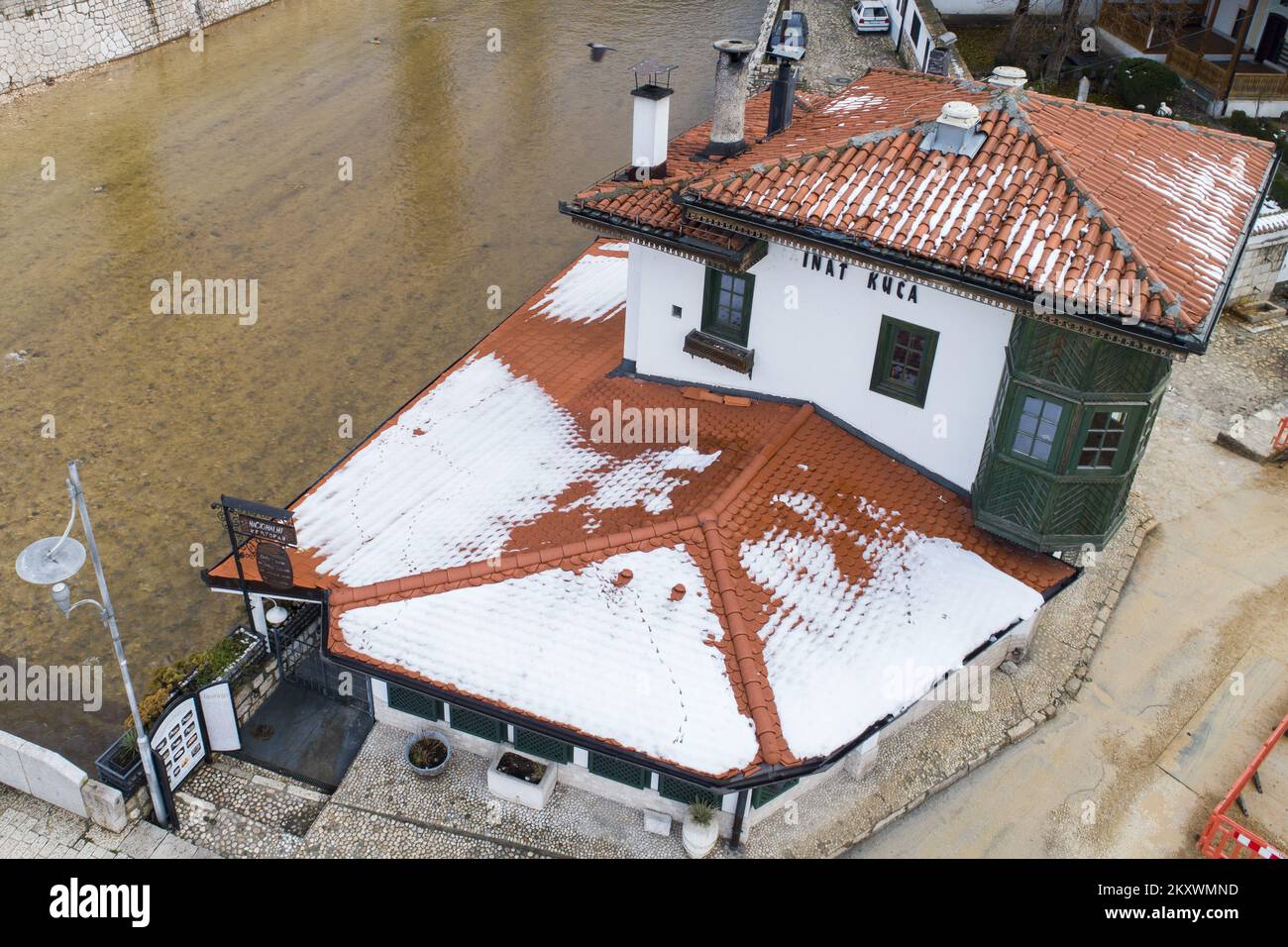 A picture taken by a drone shows Inat house (Spite house). When the ...