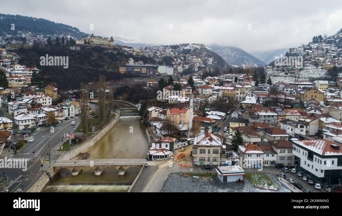A picture taken by a drone shows Inat house (Spite house). When the ...